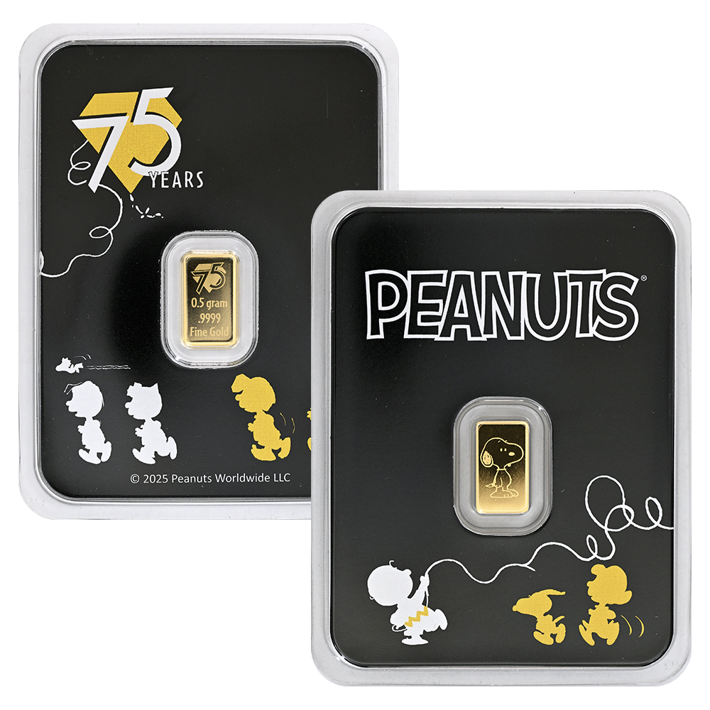 2025 .5G Gold 75th Anniversary of Peanuts Bar | US Coins | Csnmint.com