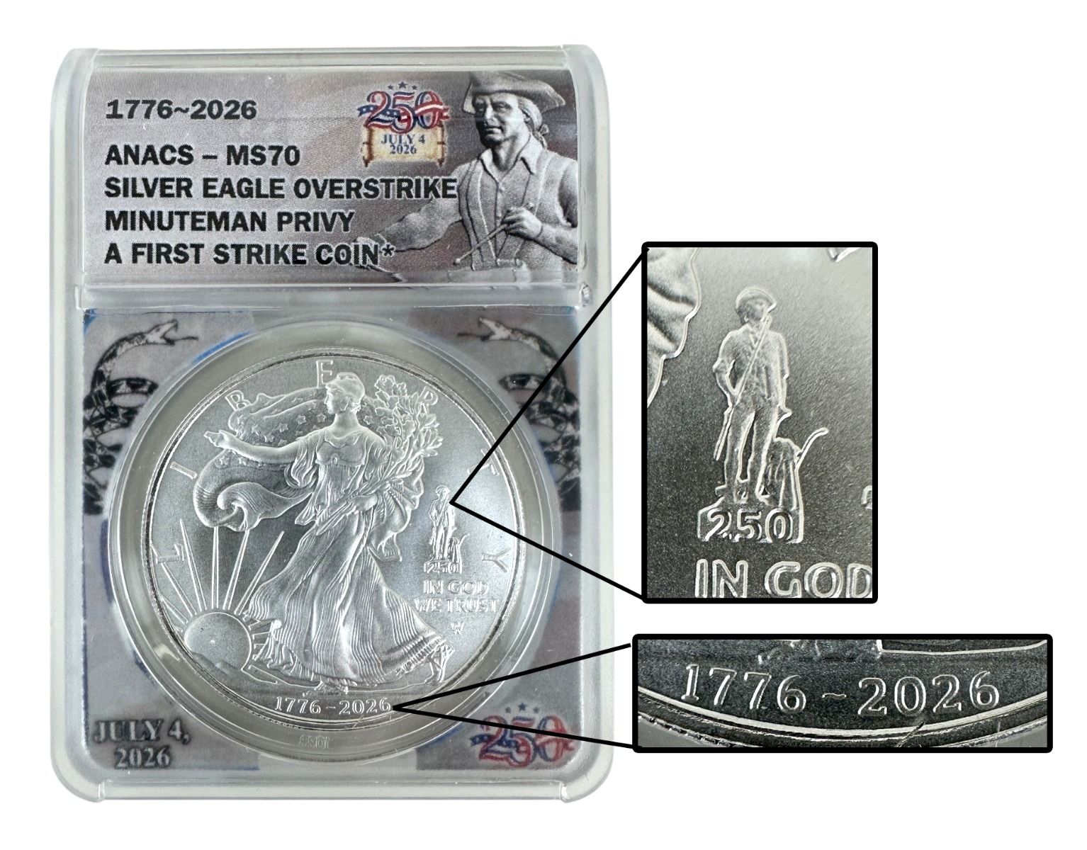 1776-2026 Silver Eagle Overstrike Dual-Date Minuteman Privy | US Coins ...
